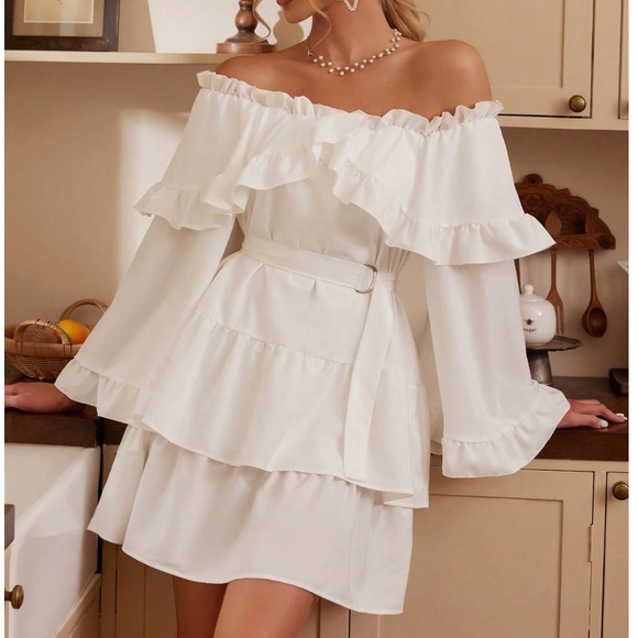 BellanBlue | Dresses | Boho White Ruffle Hem Belted Off Shoulder Mini ...